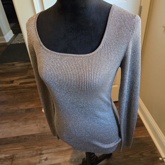 Double D Ranch | Sweaters | Double D Ranch Shimmering Silver Scoop Neck ...